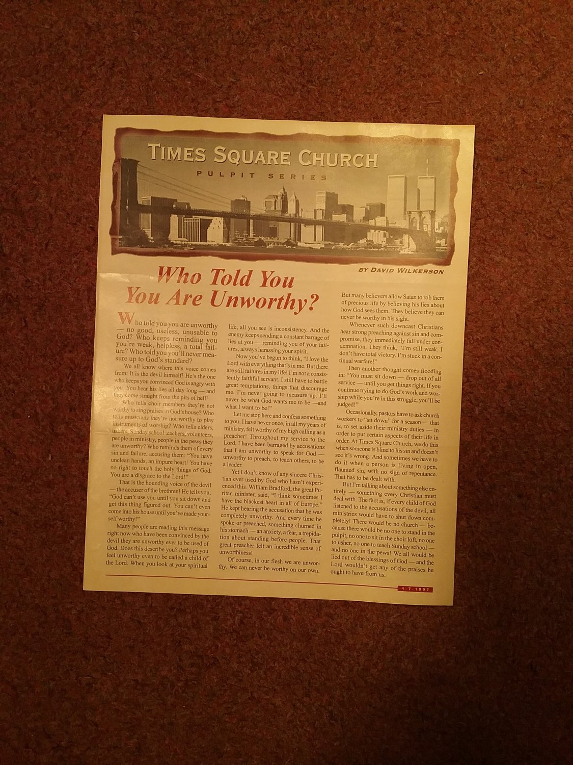 Times Square Church, Pulpit Series Newletter, April 7, 1997 707161080