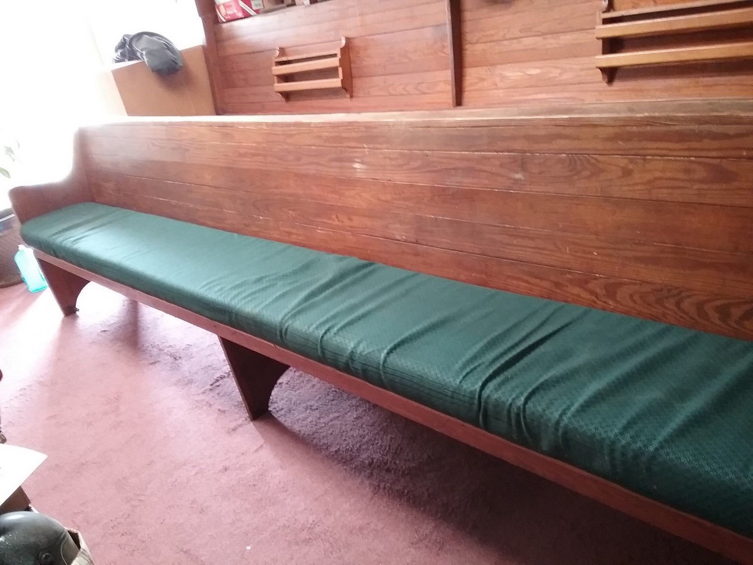 3 12' Vintage Church Pews, Wooden, Green Upholstery, Pocket Crosby ...