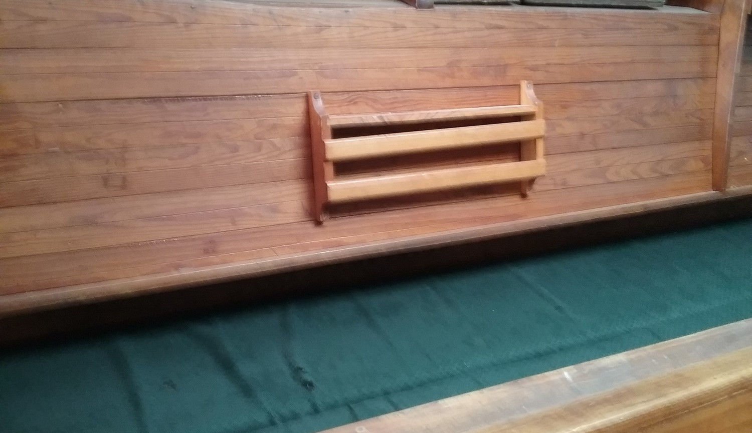 3 12' Vintage Church Pews, Wooden, Green Upholstery, Pocket Crosby ...