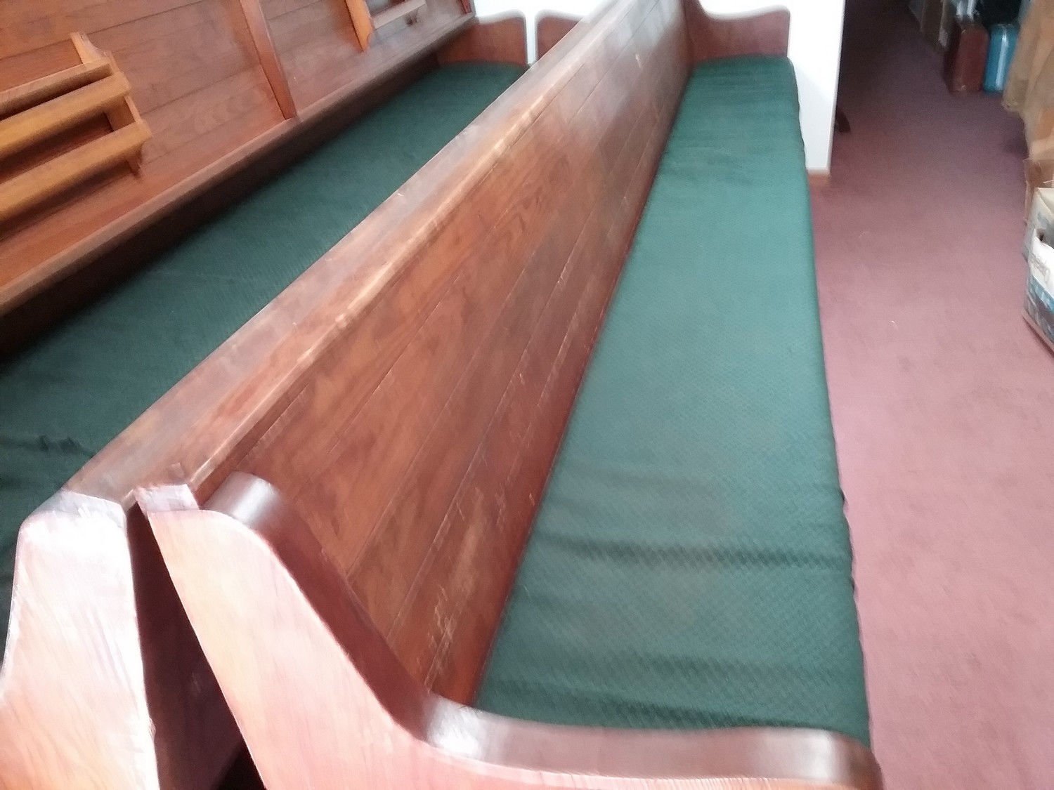 3 12' Vintage Church Pews, Wooden, Green Upholstery, Pocket Crosby ...