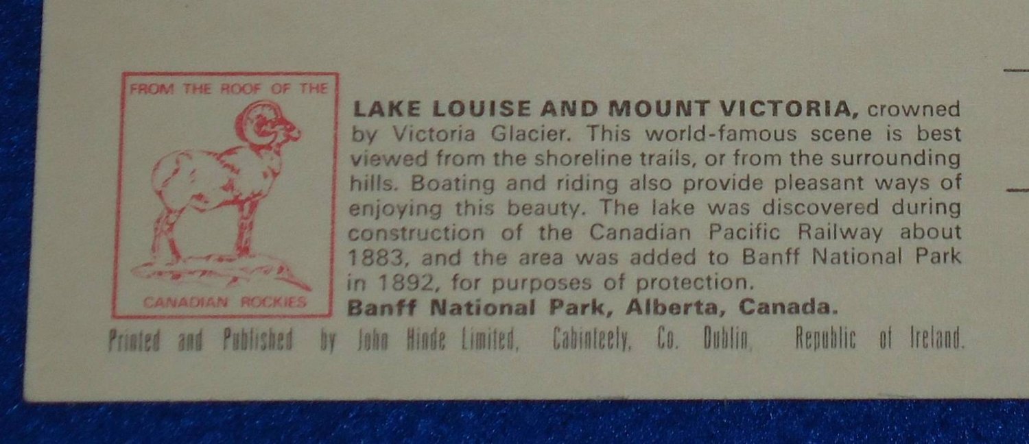 VINTAGE BANFF NATIONAL PARK ALBERTA CANADA POSTCARD LAKE LOUISE & MOUNT ...