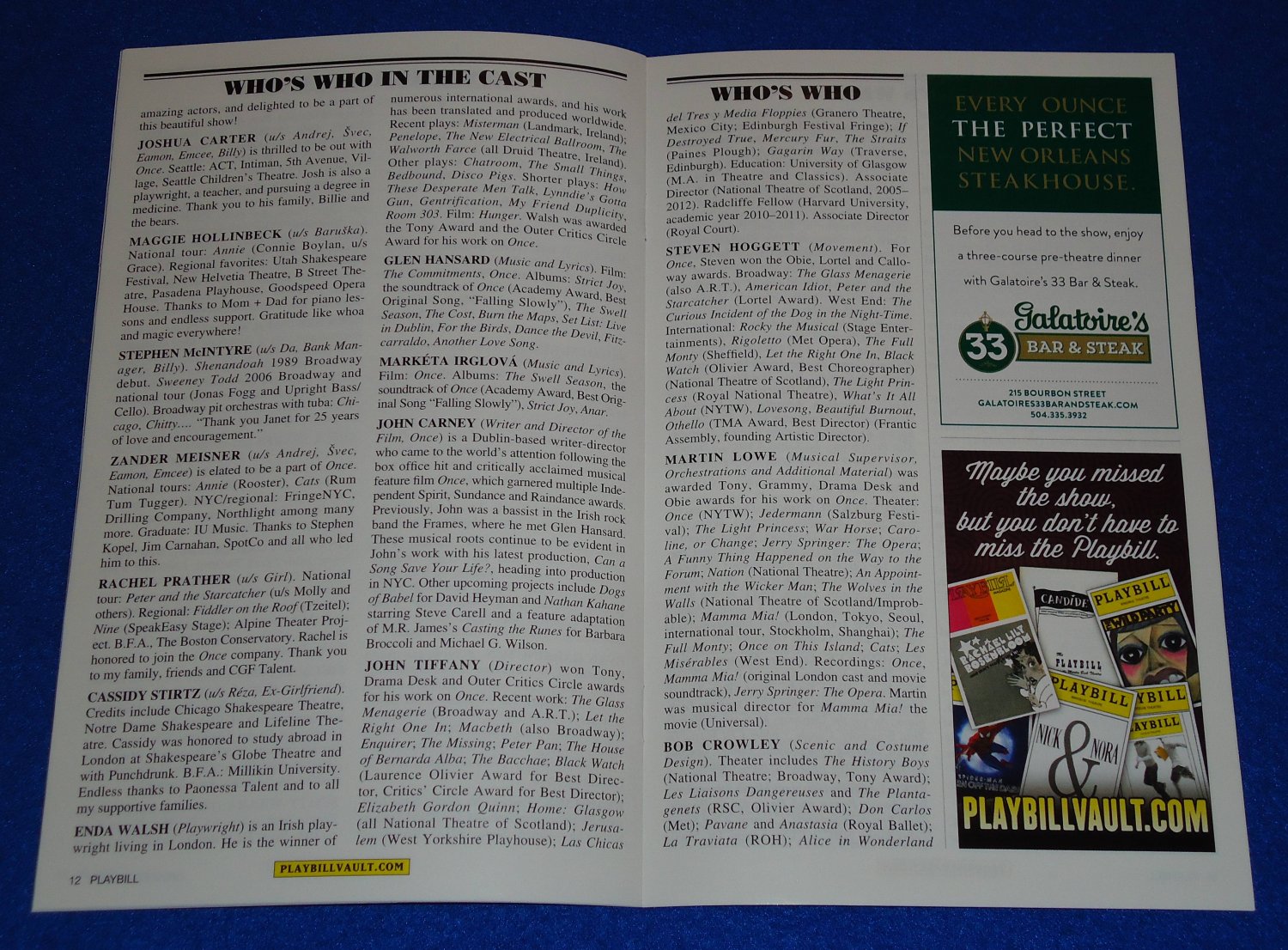 ONCE PLAYBILL TONY AWARD WINNING MUSICAL ENDA WALSH GLEN HANSARD ...