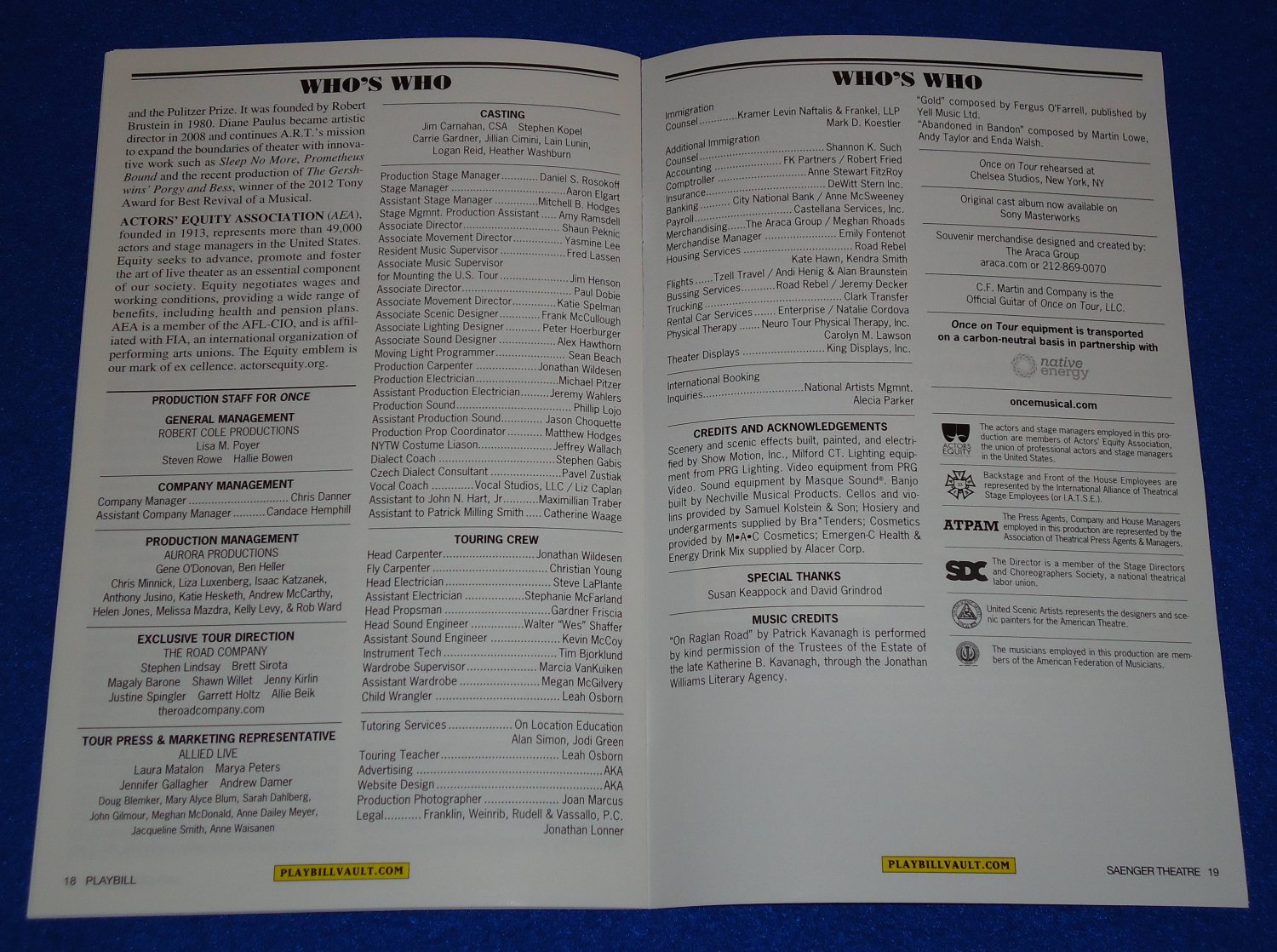 ONCE PLAYBILL TONY AWARD WINNING MUSICAL ENDA WALSH GLEN HANSARD ...