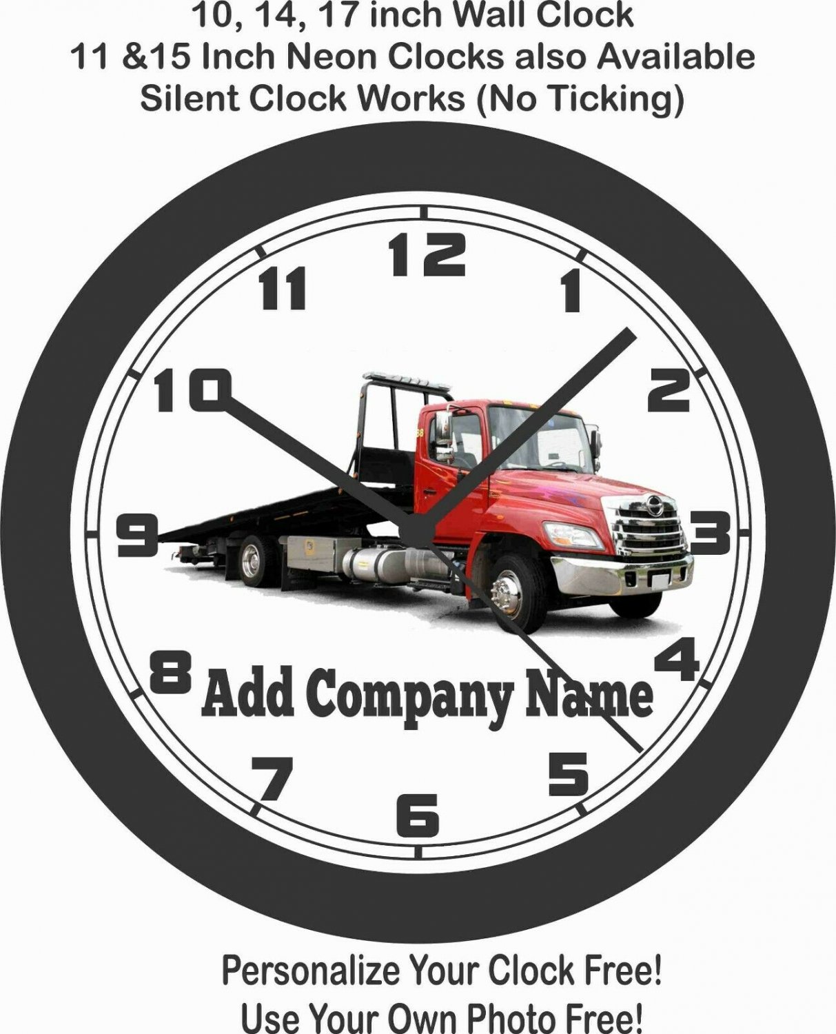 TOW TRUCK FLATBED WALL CLOCK-ADD COMPANY NAME FREE!-Choose 1 of 2