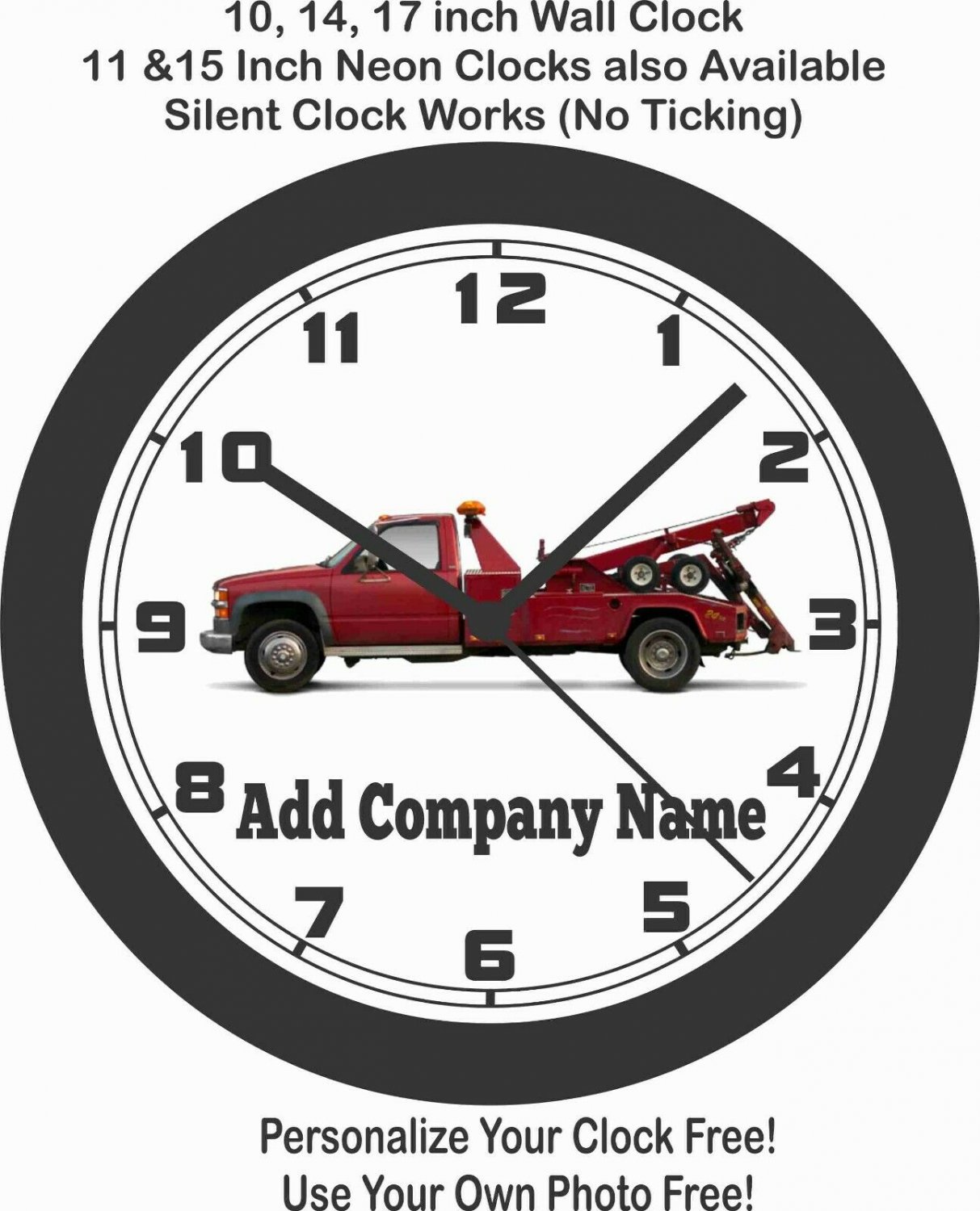 TOW TRUCK FLATBED WALL CLOCK-ADD COMPANY NAME FREE!-Choose 1 of 2