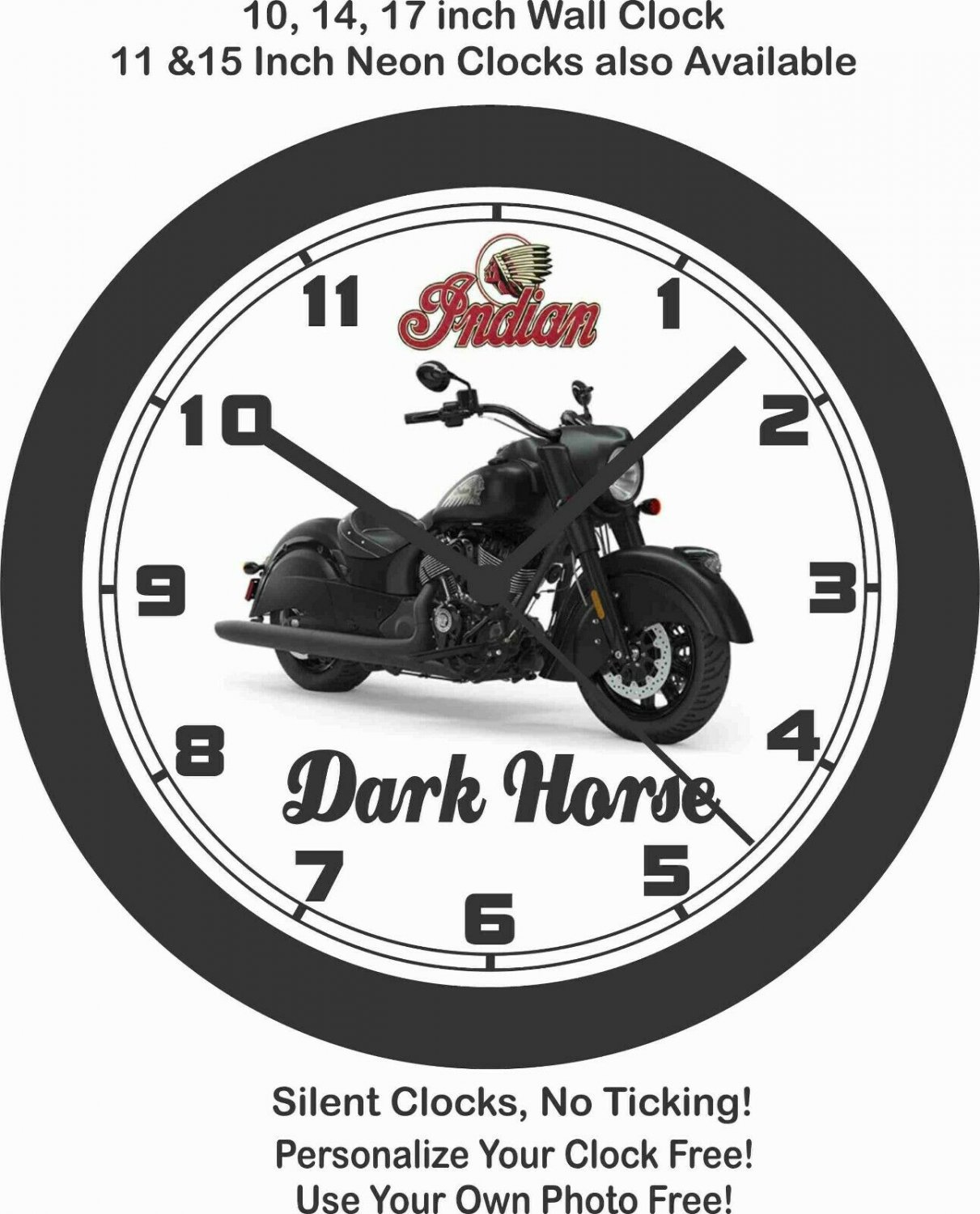 2019 INDIAN DARK HORSE MOTORCYCLE WALL CLOCK-HARLEY, HONDA, TRIUMPH