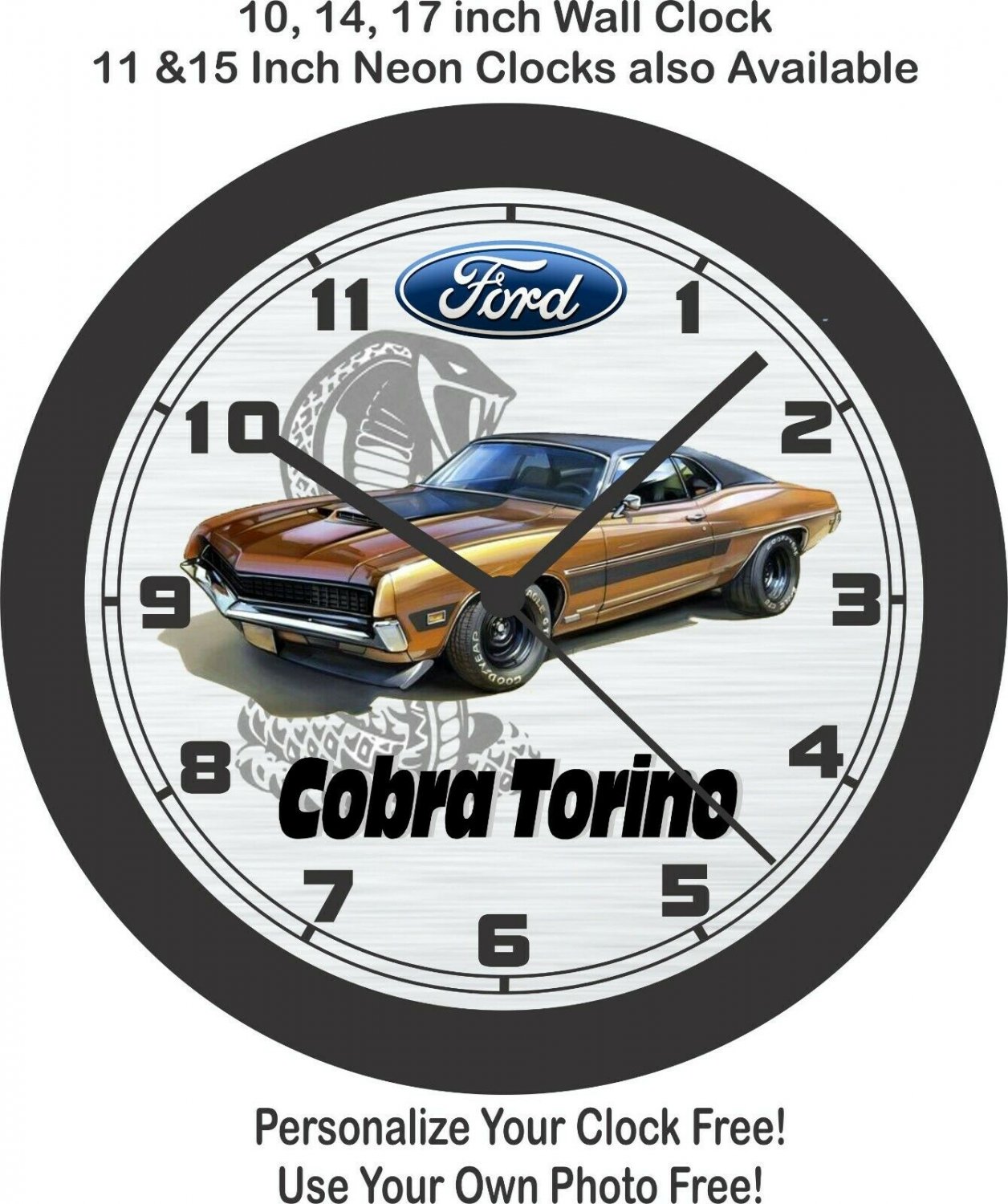 Ford Cobra Torino Wall Clock-Free US Ship, Mustang, Fairlane, Galaxie