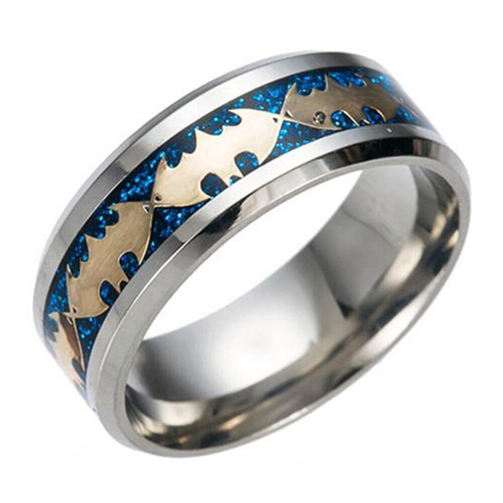 Silver Titanium Batman Ring Blue Carbon Fiber 8mm Men's Unisex 6-13
