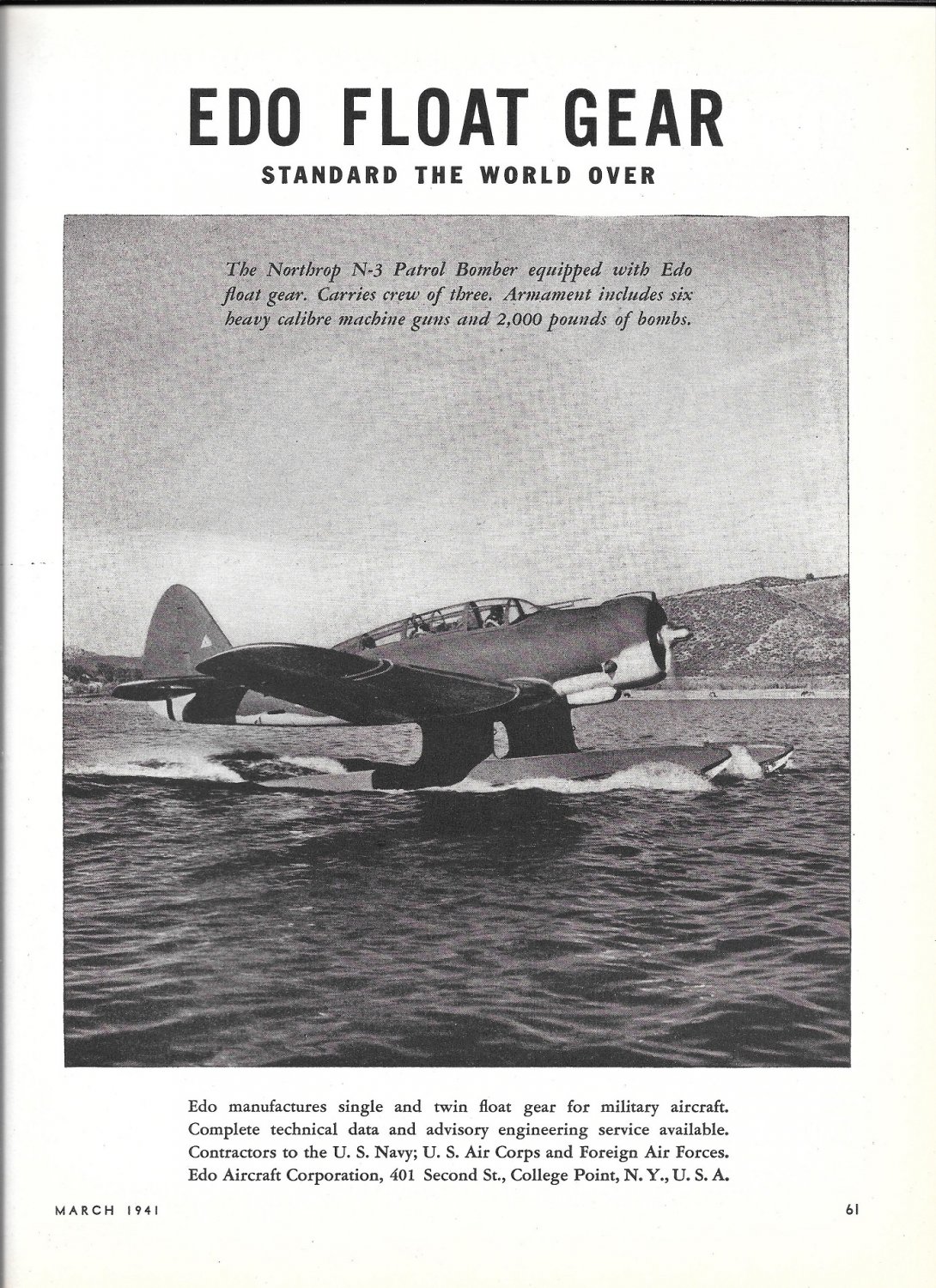 1941 Edo Float Gear Northrop N-3 Patrol Bomber Plane Ad