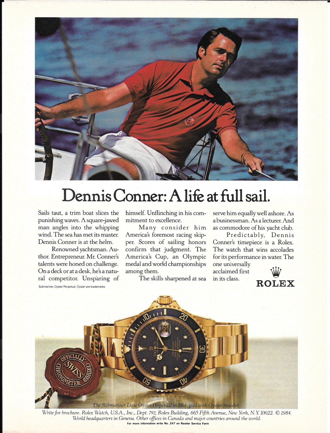 1985 Rolex Watch Dennis Connor Renowned Yachtsman Ad