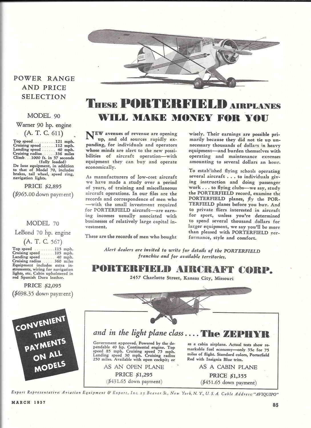1937 Porterfield Airplanes Models 70 90 Zephyr Ad Kansas City MO