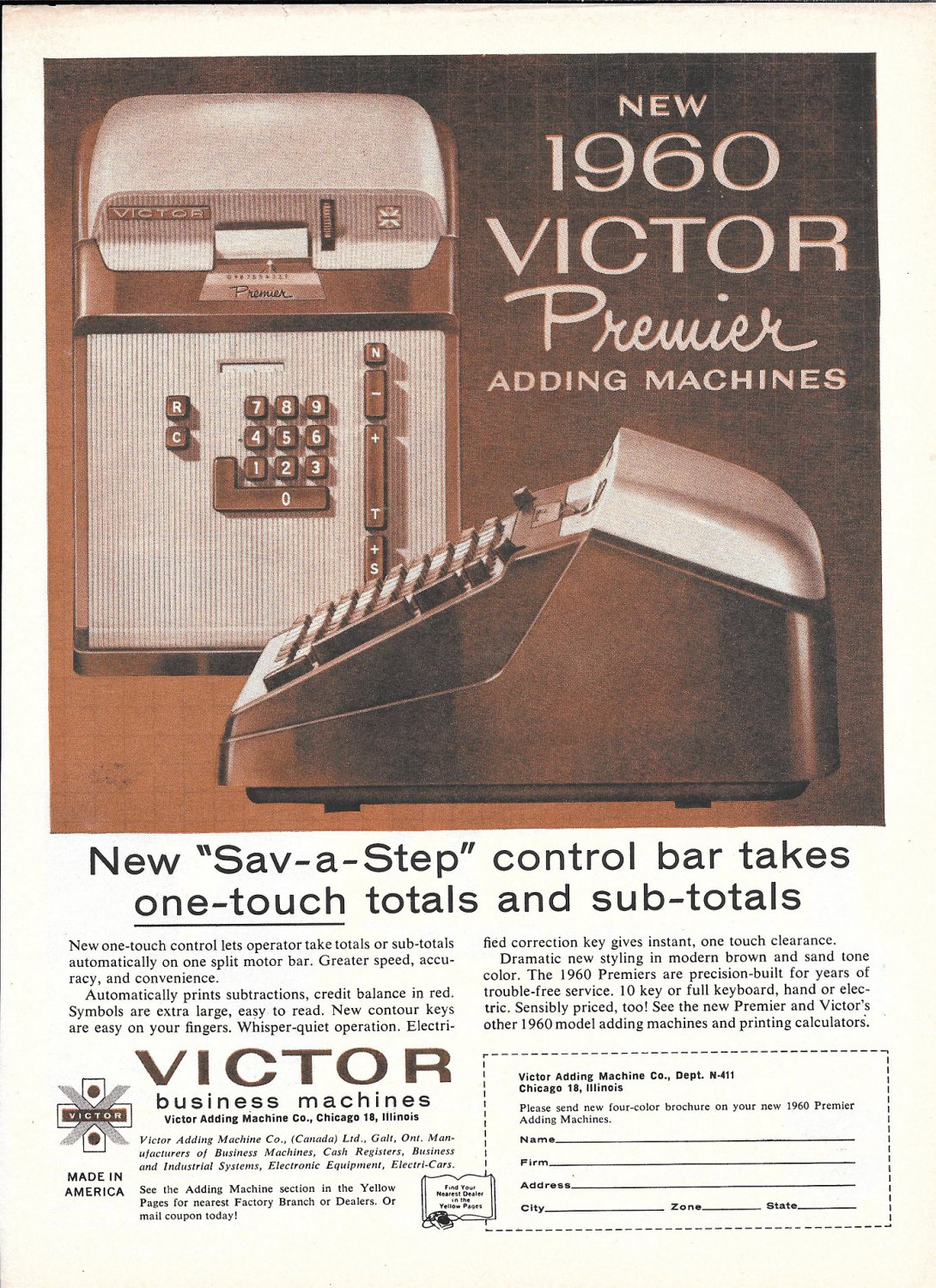 1960 Victor Premier Adding Machine Ad New Sav-A-Step