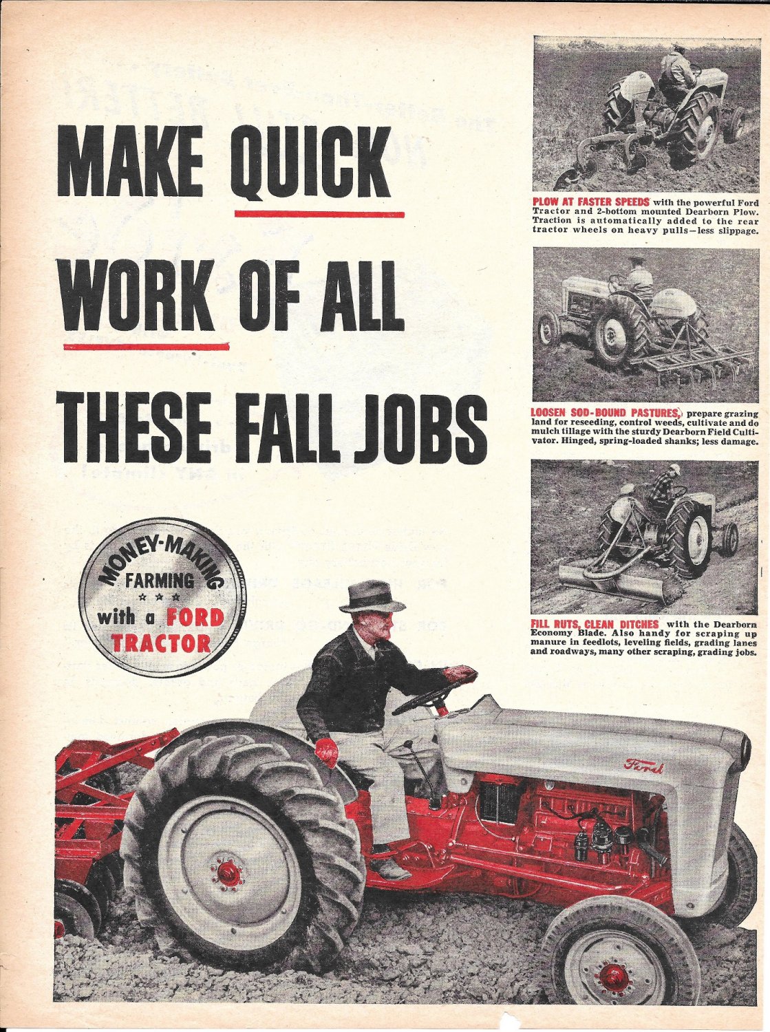 1954 Ford Tractors Dearborn Equipment Ad Make Quick Work Of All Theses ...