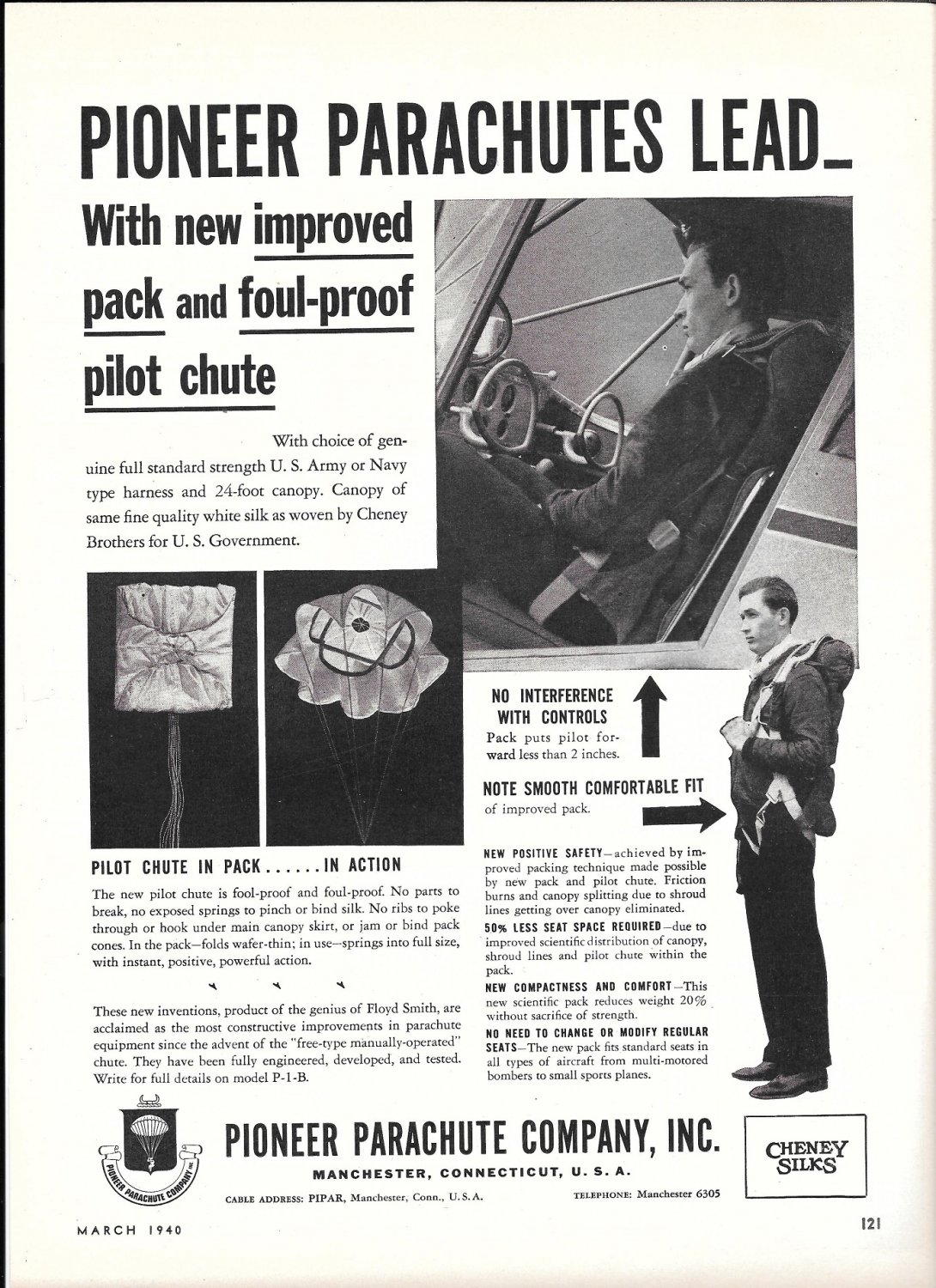 1940 Pioneer Parachute Co Pilot In Cockpit Ad