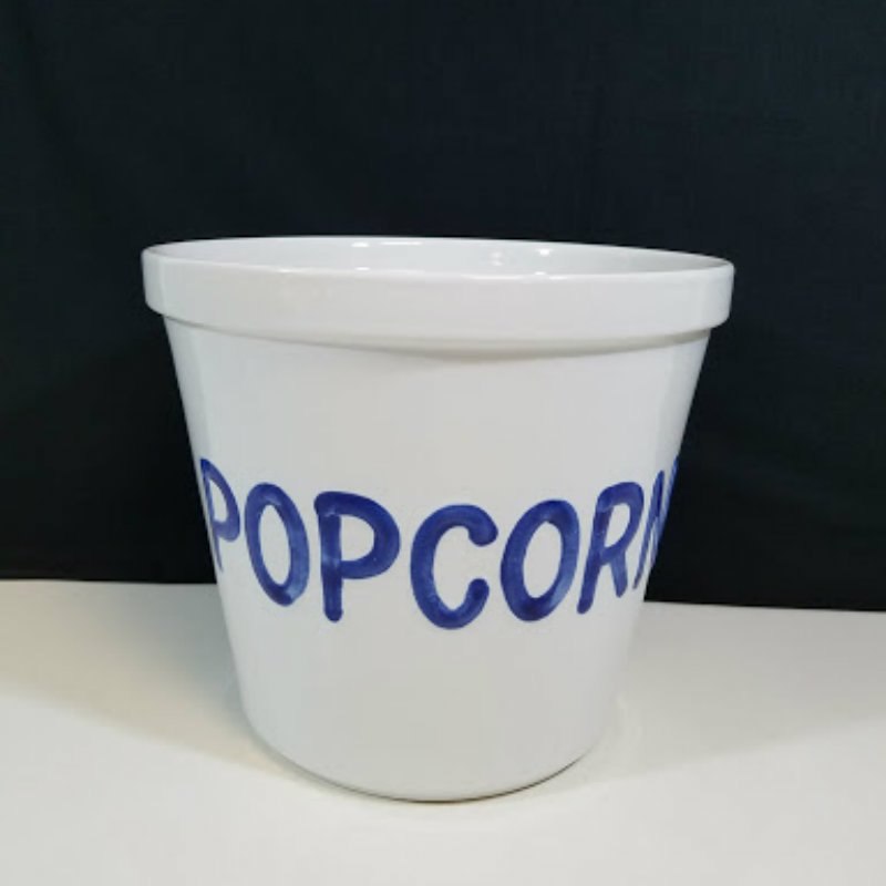 Ceramic Popcorn Bucket Heavy White Blue Lettering