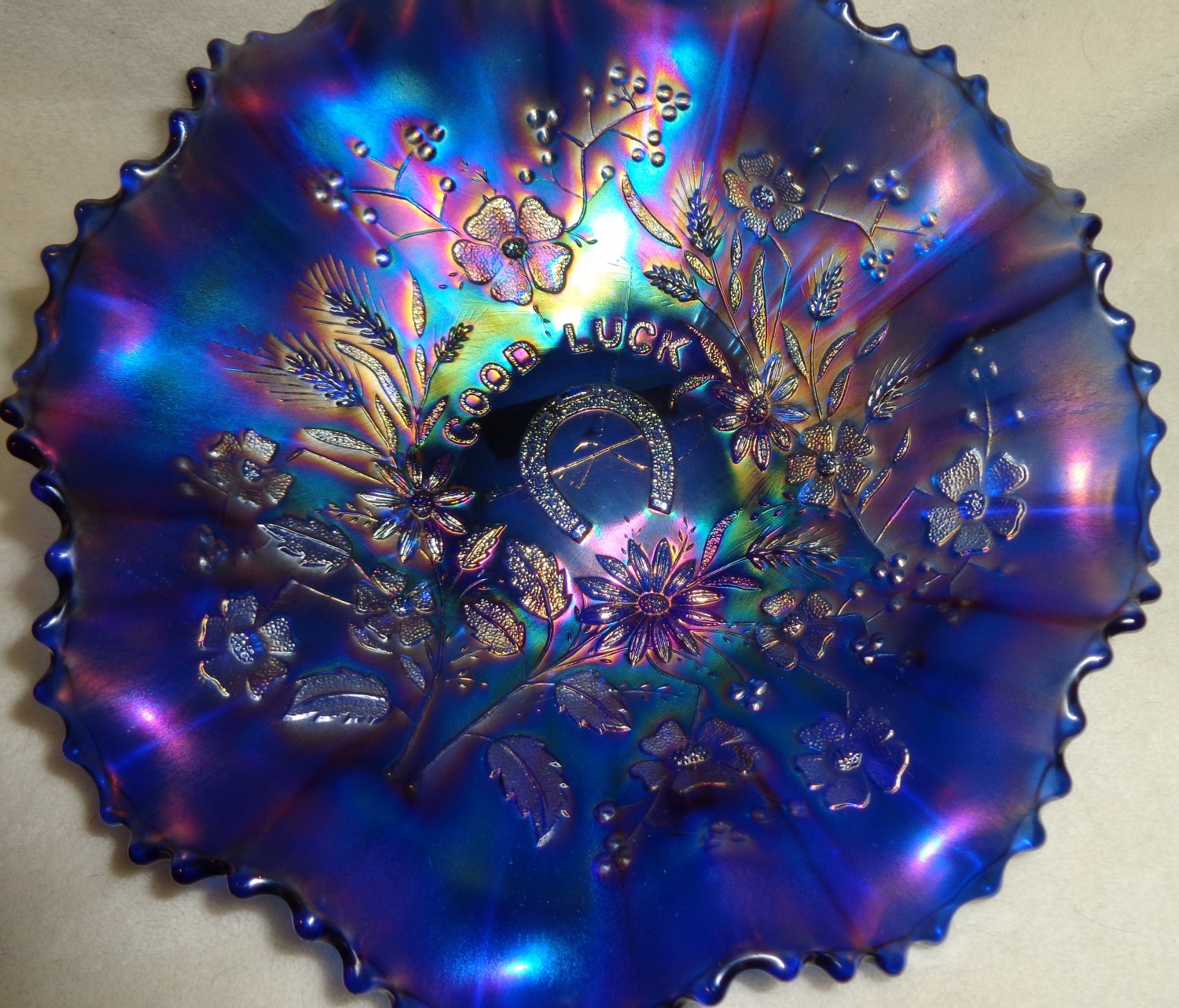 Northwood Electric GOOD LUCK Blue Carnival Glass Bowl