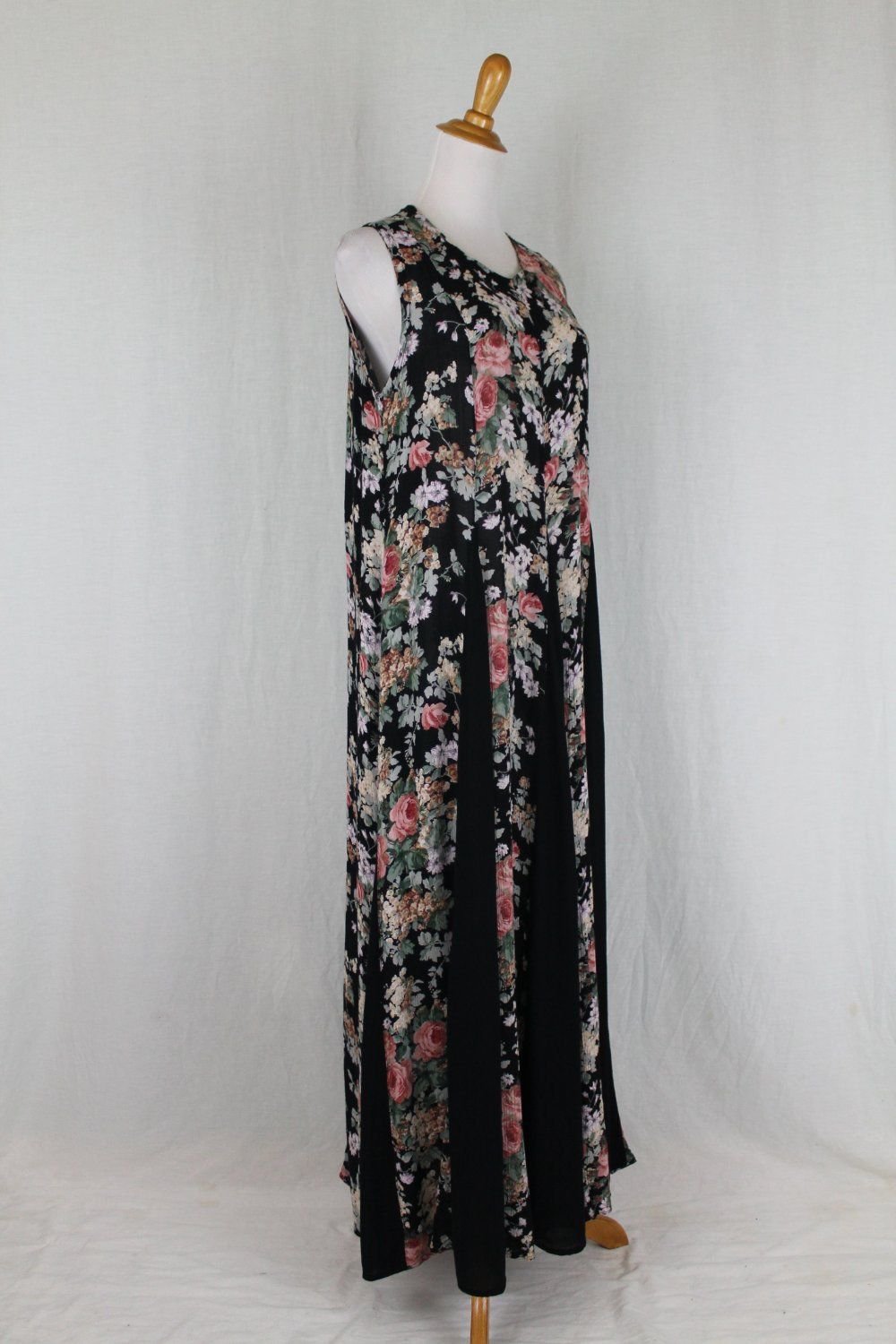 Vintage STARINA Pink & Black Floral Rose Print Sleeveless Maxi Sundress ...