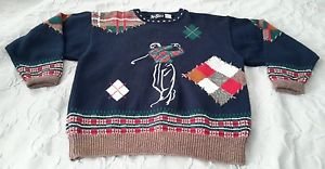 Vintage Mens 80s Alan Stuart knit Kitsch Ugly Golf Patchwork Sweater L Navy