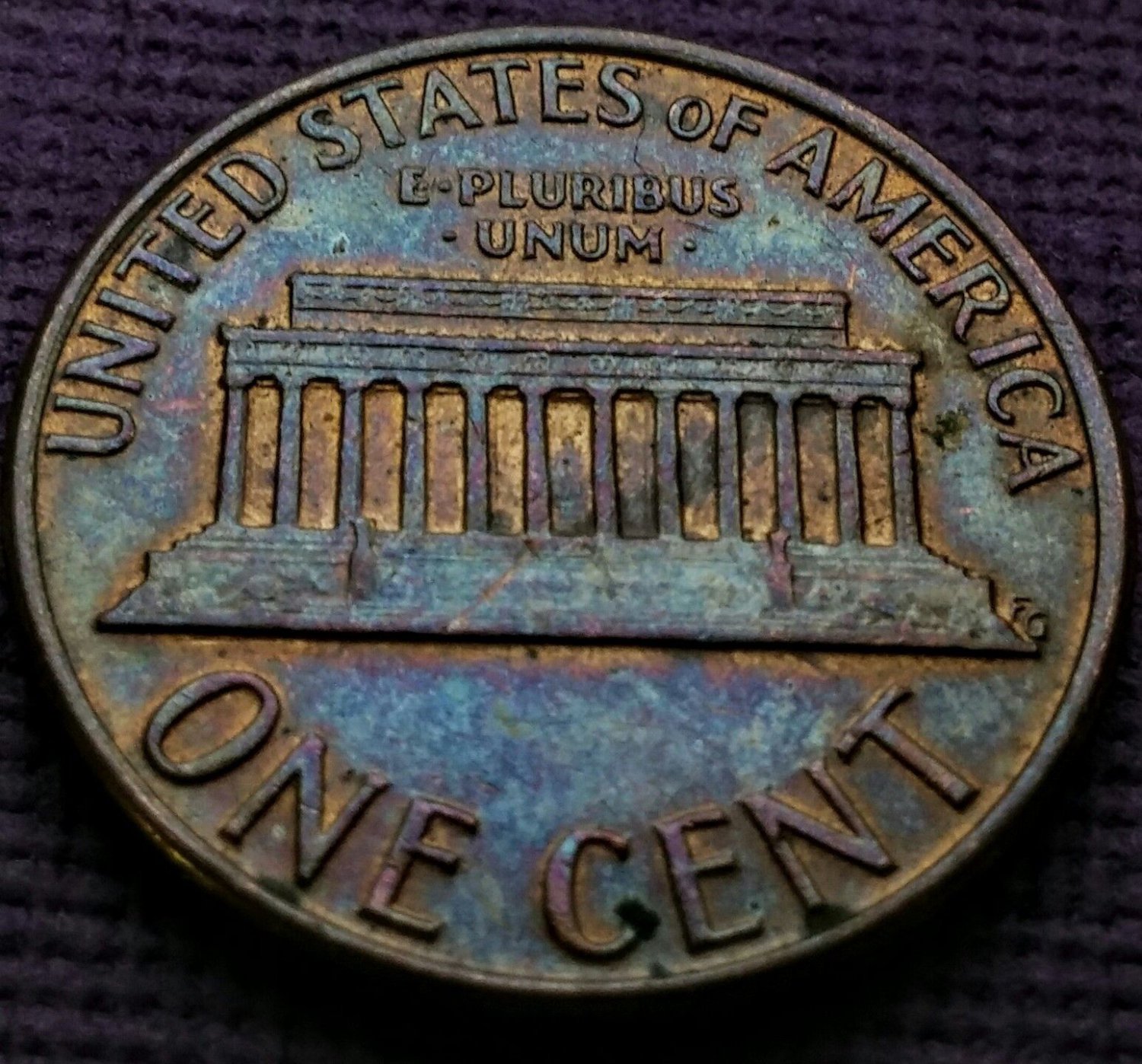 1978 D Lincoln Memorial Penny Error Coin Mint Mark Rainbow Toned (e58)