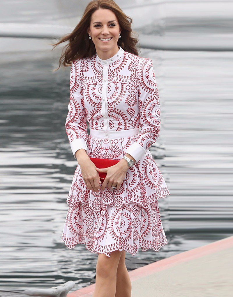 Kate Middleton Red and White Dress With Beautiful Floral Patterns