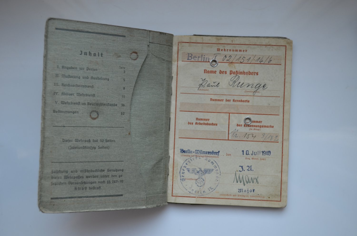 WWII WW2 ORIGINAL GERMAN DOCUMENT WEHRPASS