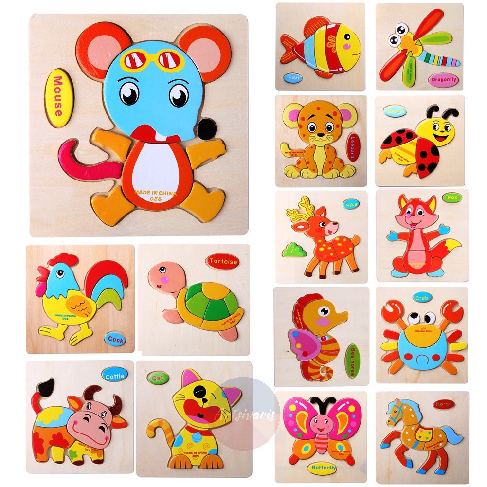 NEW Wooden Blocks Animals Cartoon Puzzle Kids Baby Educational ...