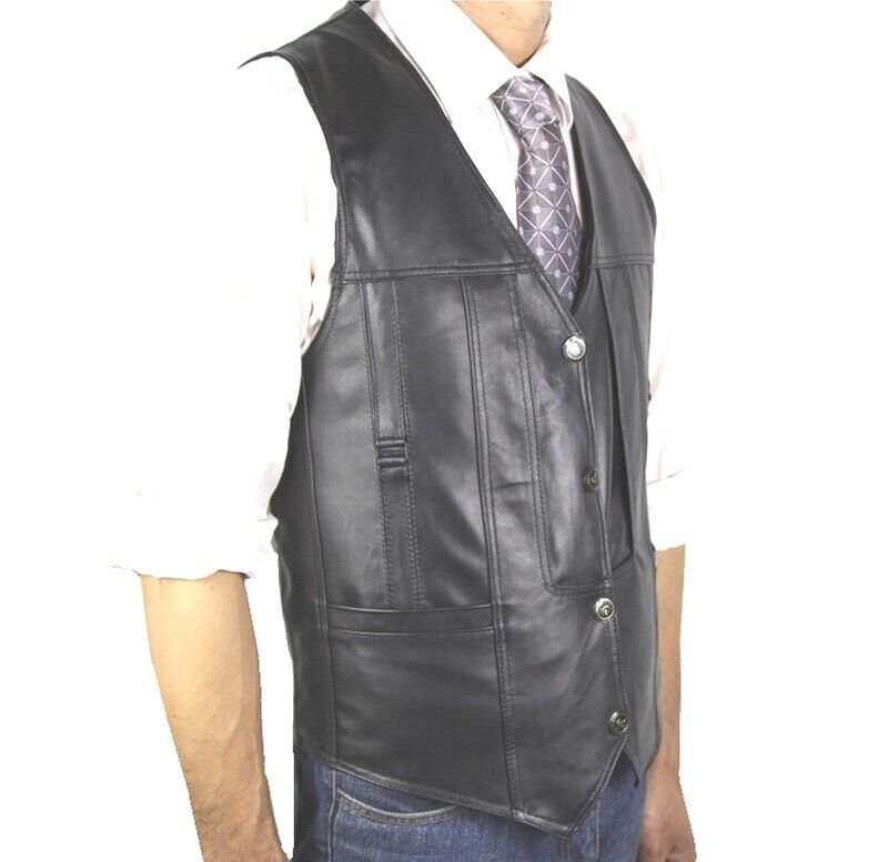 New Mens 100% Real Leather Black Vest Motorcycle Driver Vest Biker Vest ...