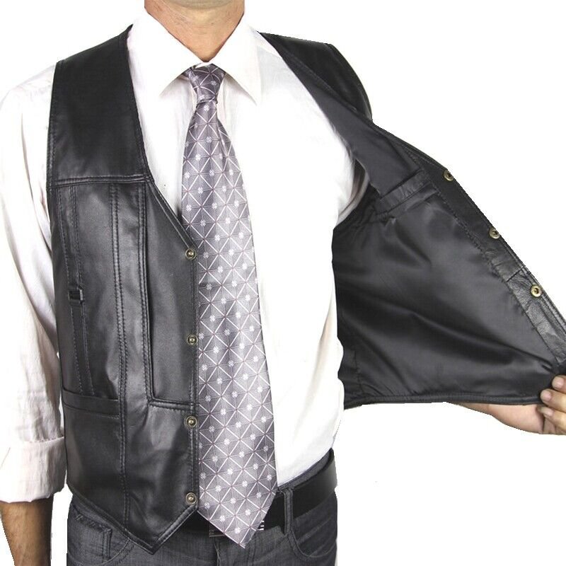 New Mens 100% Real Leather Black Vest Motorcycle Driver Vest Biker Vest ...