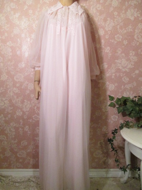 Vintage Nightgown Peignoir Robe Set LONG Tall Sheer Pink Double Chiffon ...
