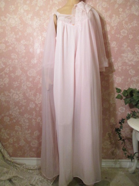 Vintage Nightgown Peignoir Robe Set LONG Tall Sheer Pink Double Chiffon ...