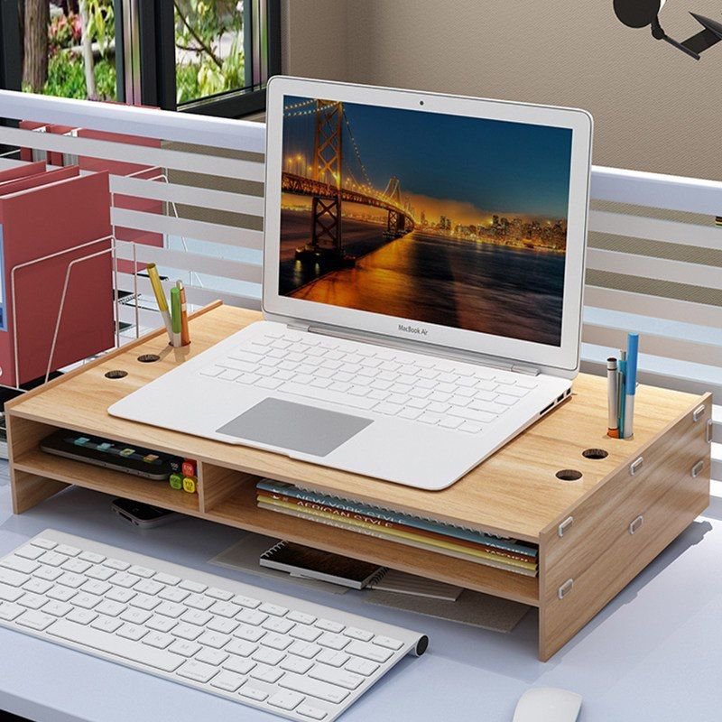 Wooden Computer Monitor Laptop Riser Desktop Organizer Space Saver ...