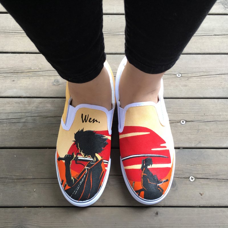Wen Unisex Hand Painted Shoes Design Anime Samurai Shamploo White Slip ...