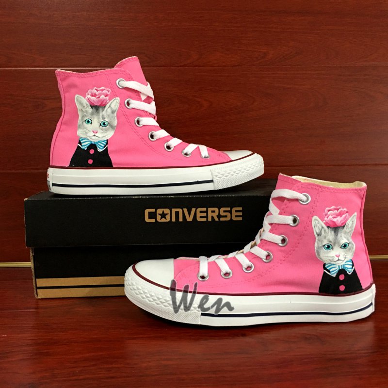 Custom Design Cute Cat Flowers on Head Hand Painted Canvas Shoes Pink ...