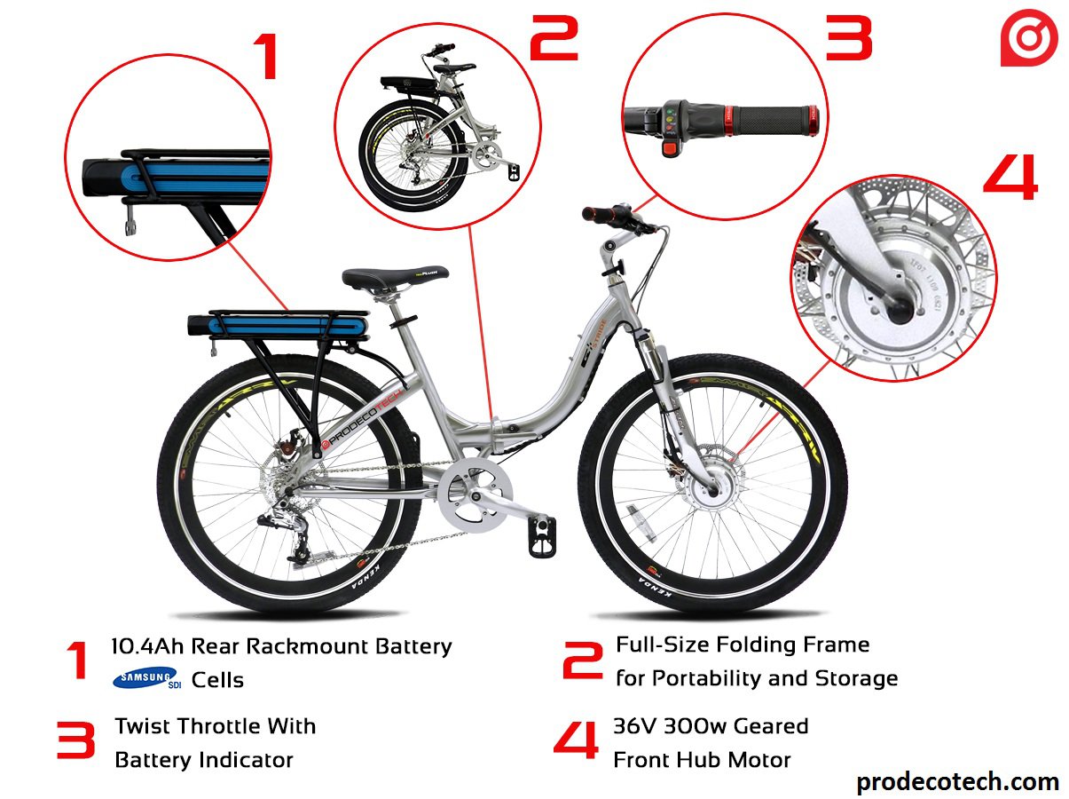 Prodecotech Stride 300 Watt 8-Speed Folding Frame Hybrid eBike