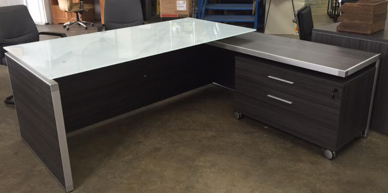 Chiarezza Executive L-Desk (Split Level) White Frost Glass Top, Gray