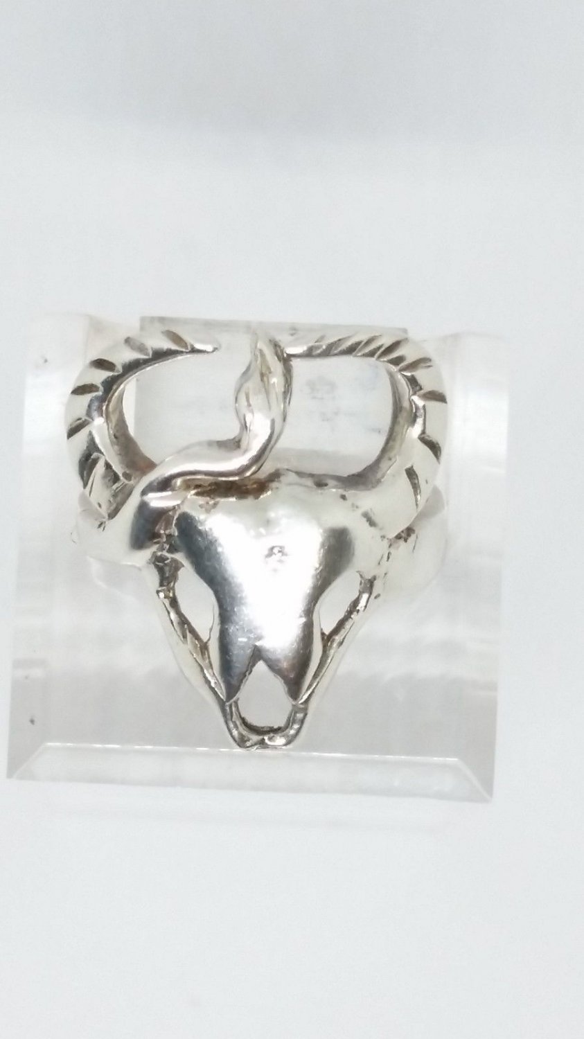 925 Sterling Silver Horned Rams Head or Longhorn Bison Bull Skull Ring ...