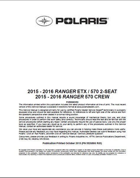 2015-2016 Polaris Ranger ETX / 570 / CREW UTV Service Repair Manual on CD