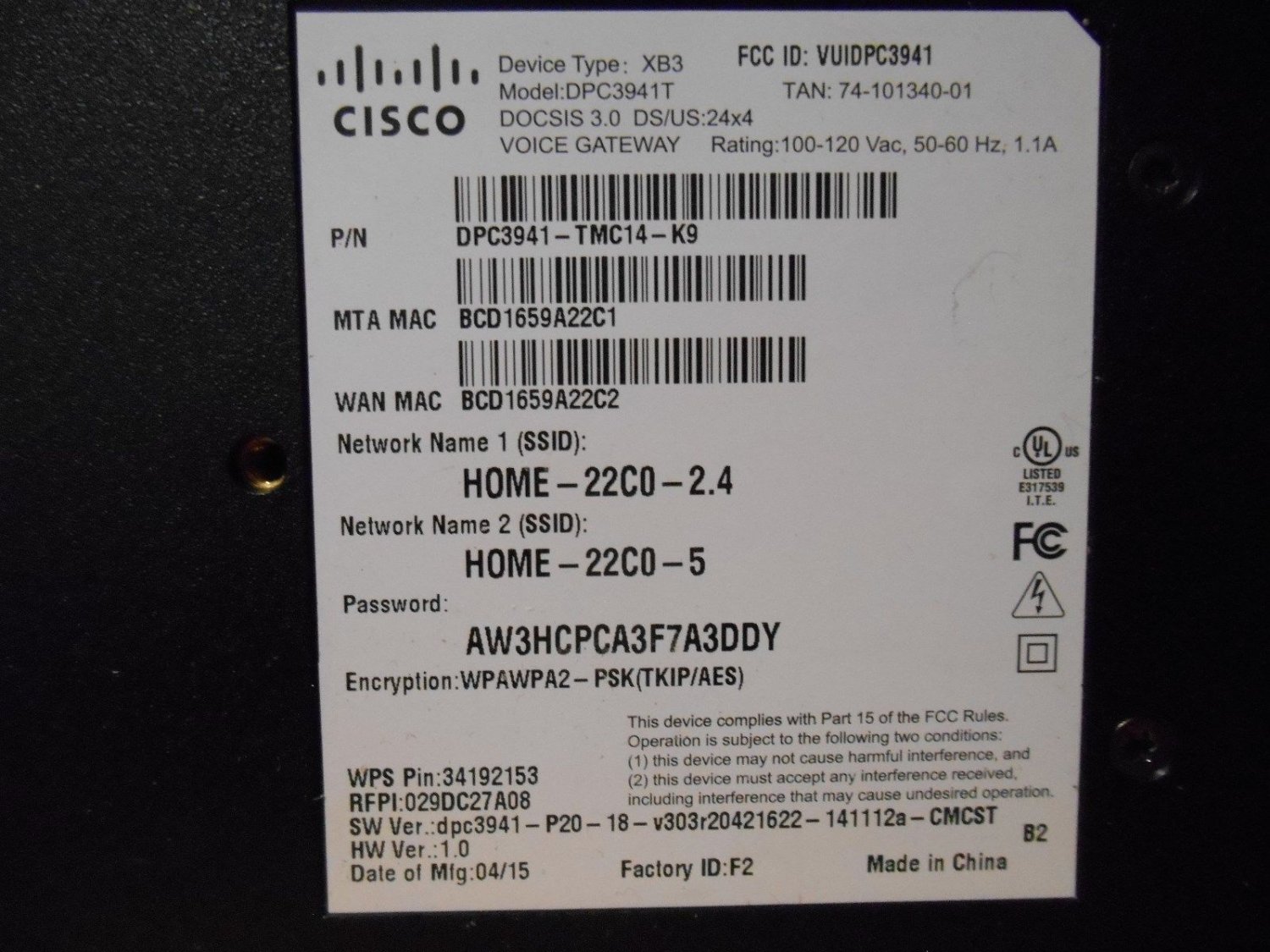 CISCO XB3 DPC3941T WIFI VOICE CABLE MODEM READ DESCRIPTION FIRST Duel Band