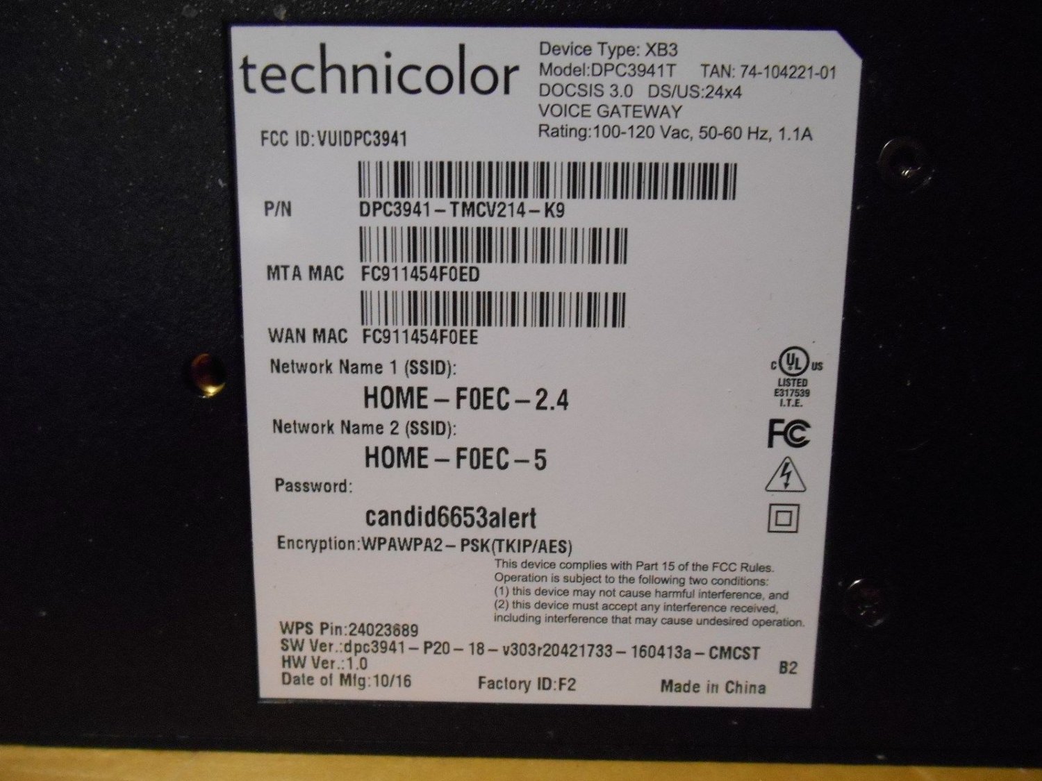 Xfinity technicolor DPC3941T Wireless Cable Modem Dual Band WiFi 802.11ac