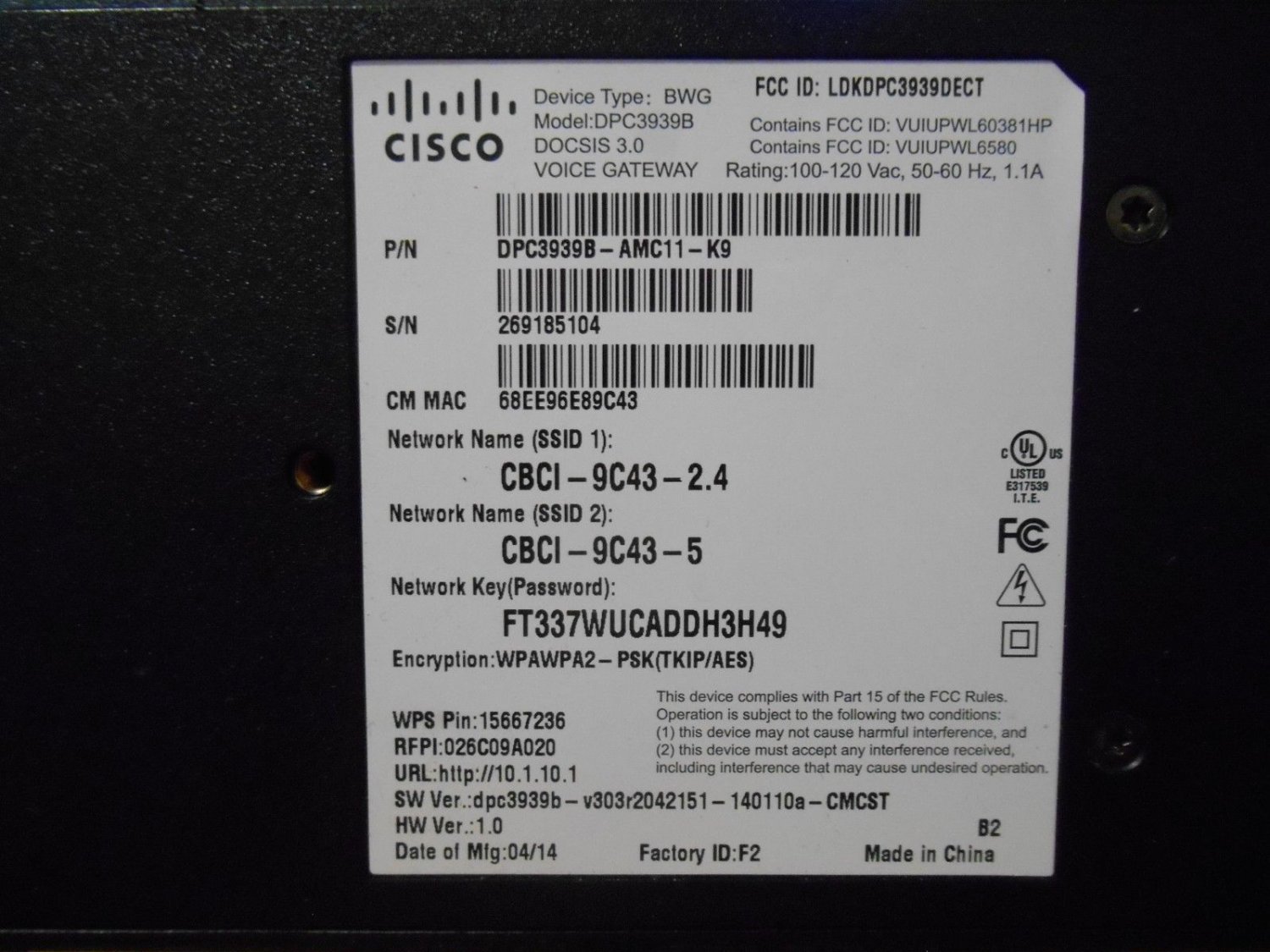 Comcast Cisco Cable Modem Wifi Router Model DPC3939B DOCSIS 3.0 Device ...