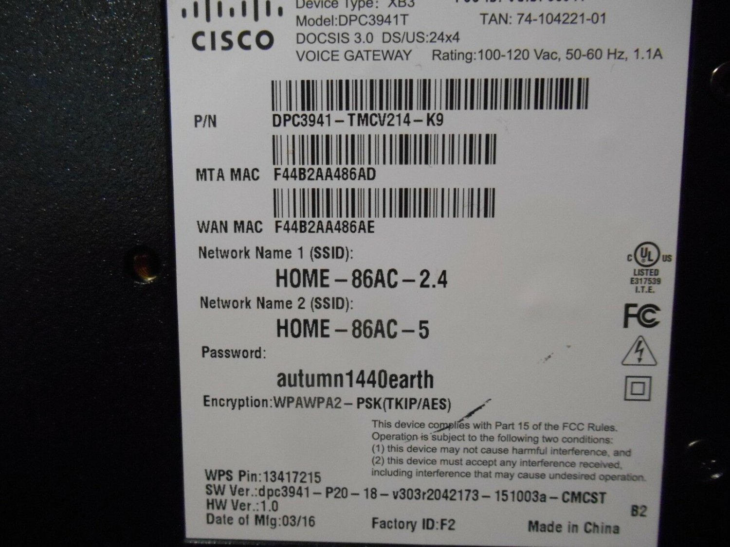 Cisco Xfinity DPC3941T Dual Band WIFI 802-11ac Cable Modem XB3