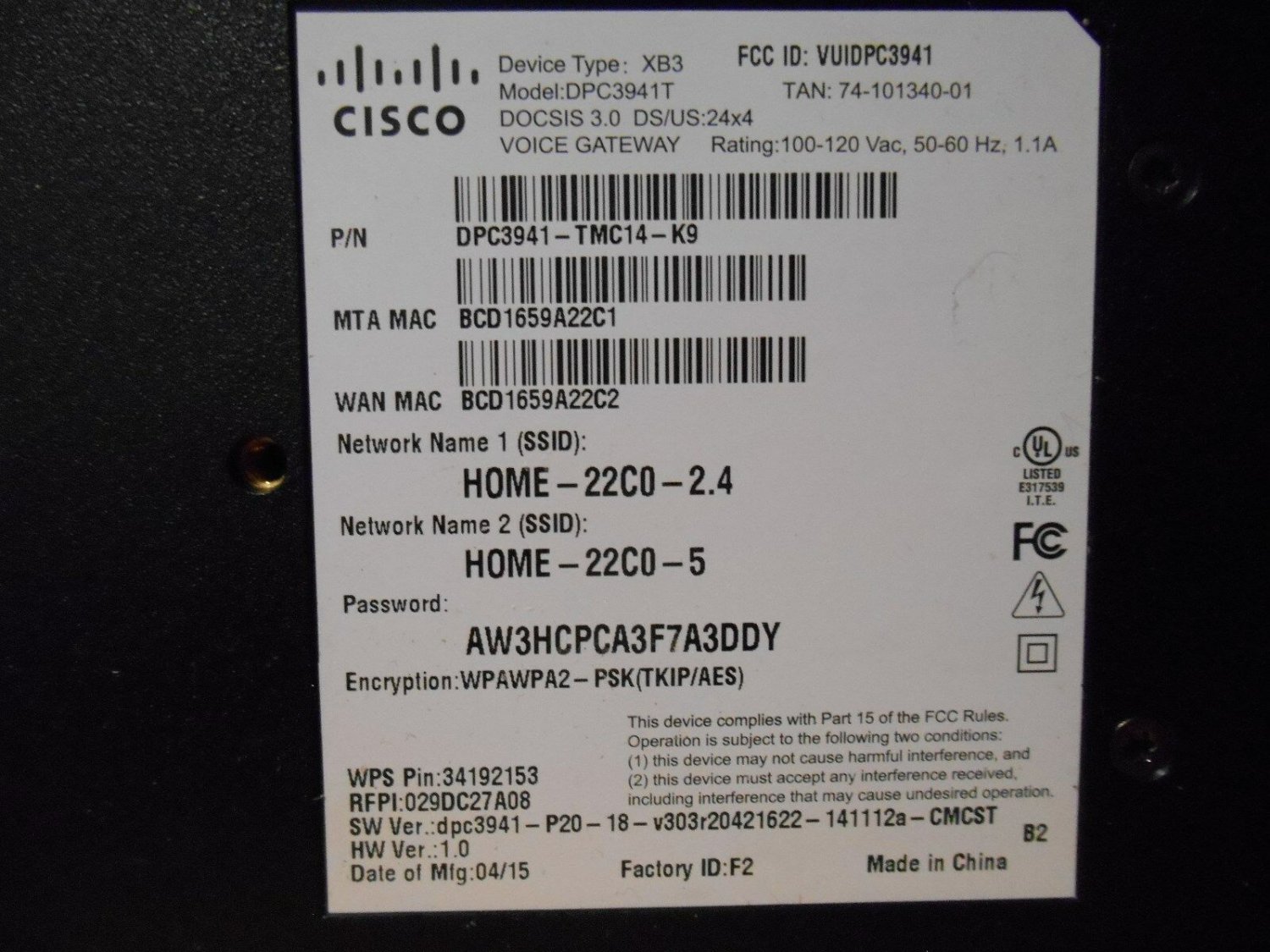 READ DESCRIPTION FIRST CISCO XB3 DPC3941T WIFI VOICE CABLE MODEM Duel Band