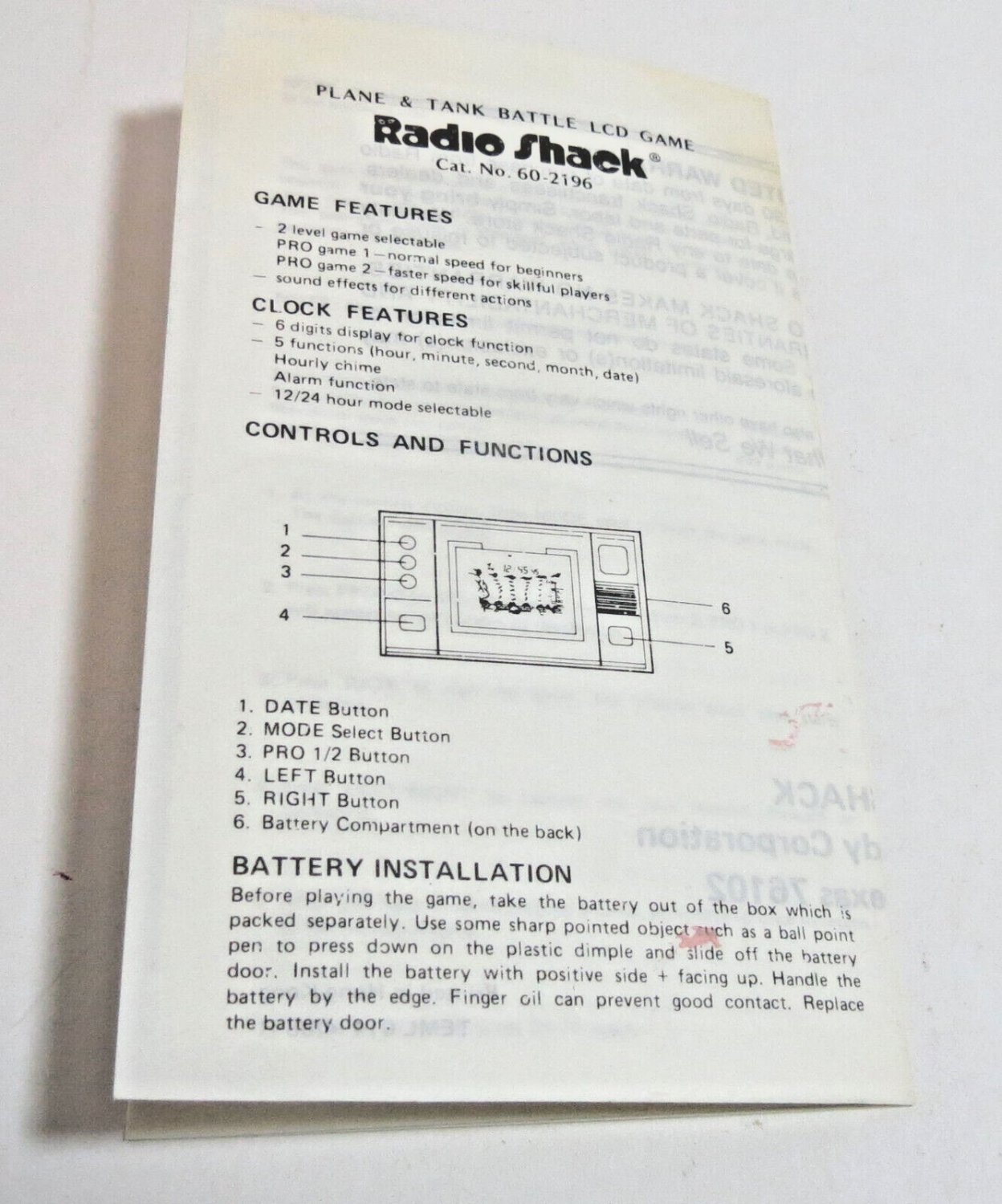 Radio Shack Tandy Plane and Tank LCD Battle Game 1988 Manual Insert No ...