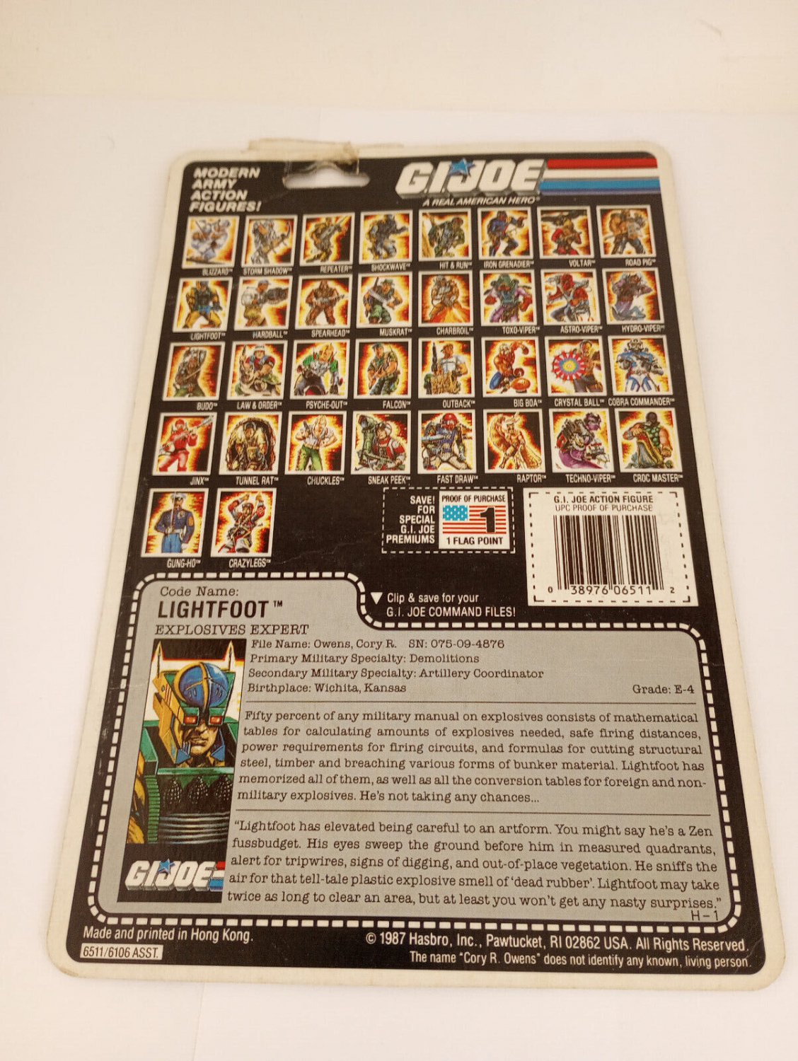 G.I. Joe ARAH 1987 Lightfoot Cardboard Full Backer Card Original Packaging