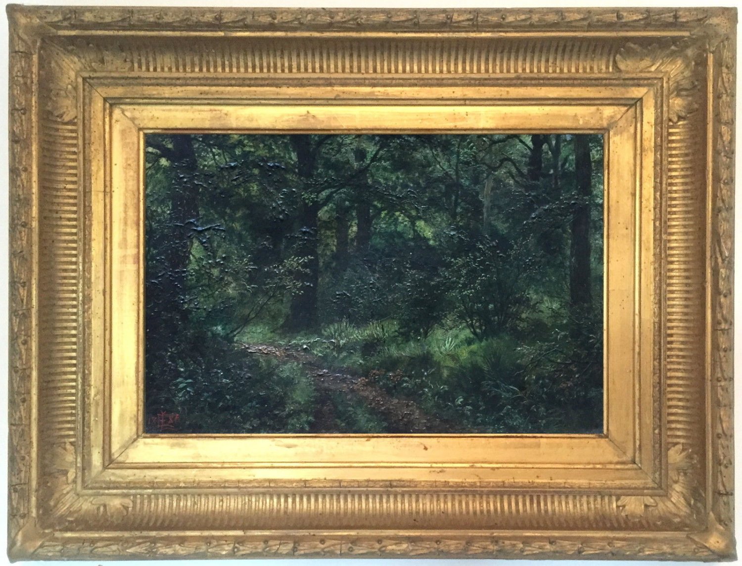 Forest Path Landscape Antique Oil Painting by Edgar Longstaffe (1852–1933)