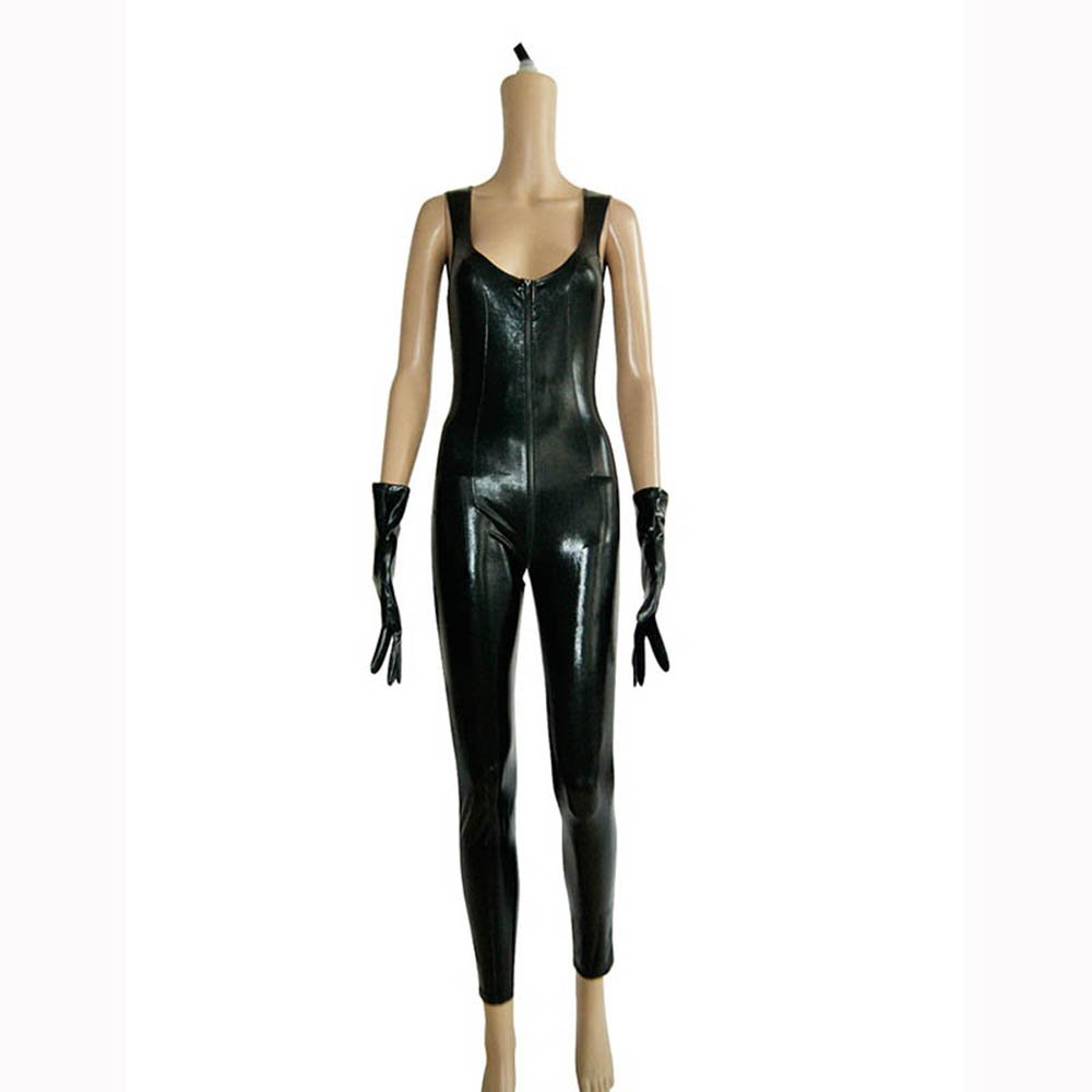 Vinyl Catsuit Sleeveless Zipper Crotch Jumpsuit Gloves Faux Leather ...