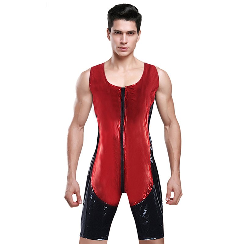 Vinyl Catsuit Faux Leather Man Stretch Bodysuits Open Crotch Zipper