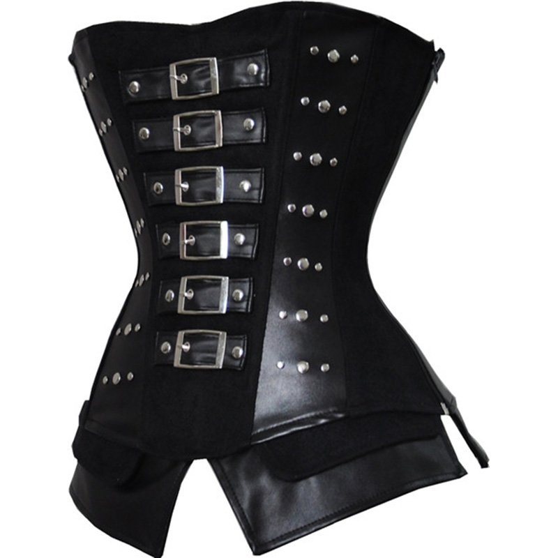 Sexy Black Faux Leather Cotton Rivet Overbust Corset Steampunk Basque ...