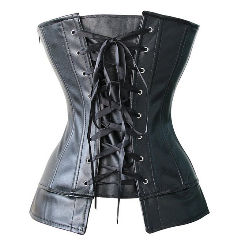 Sexy Black Faux Leather Cotton Rivet Overbust Corset Steampunk Basque ...