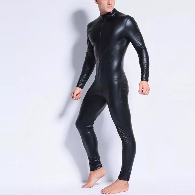 Male PVC Leather Zipper Overall Bodysuit Long Jumpsuit Clubwear Men ...